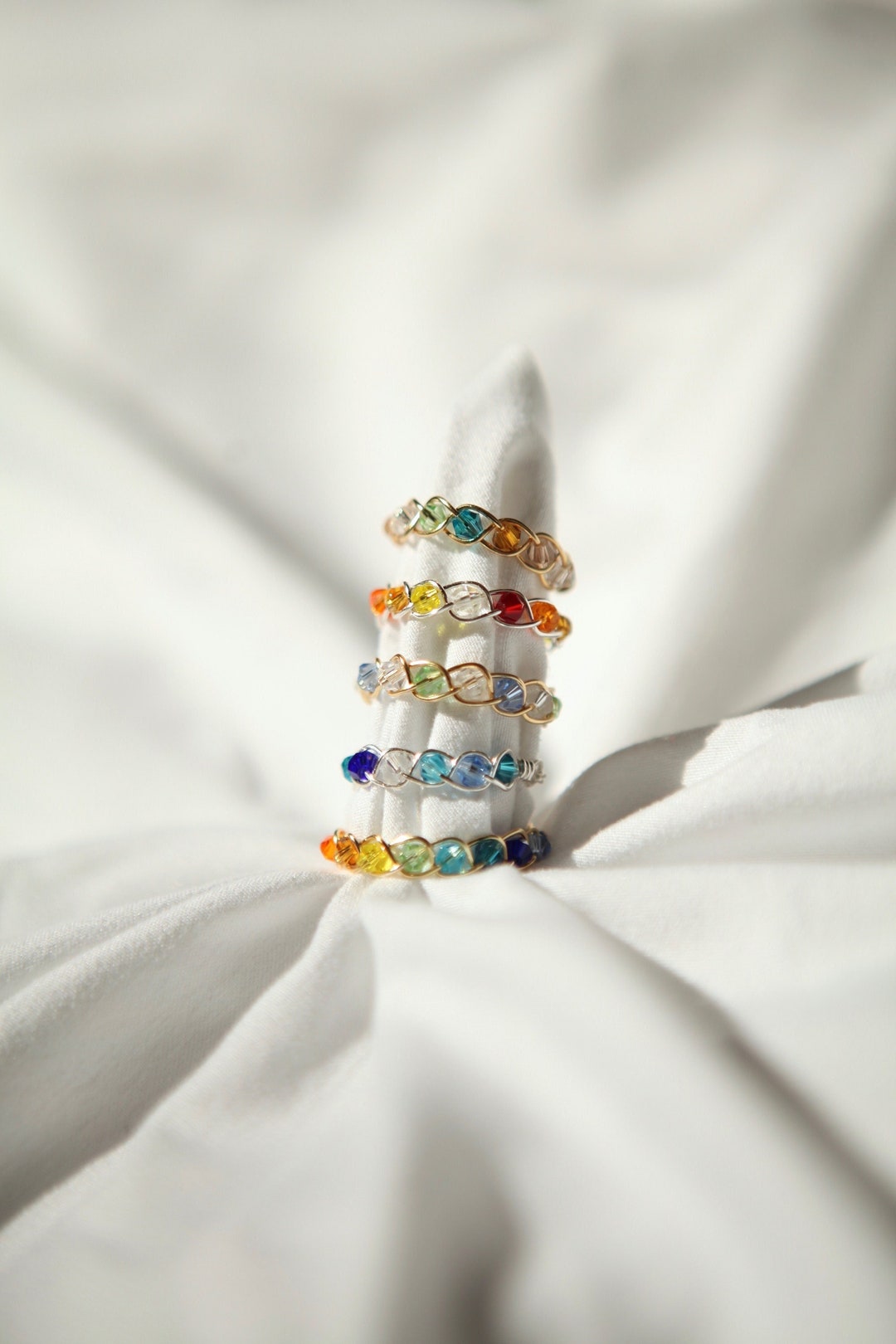 Custom Braided Bicone Crystal Rings Customizable, Rainbow, Colorful ...