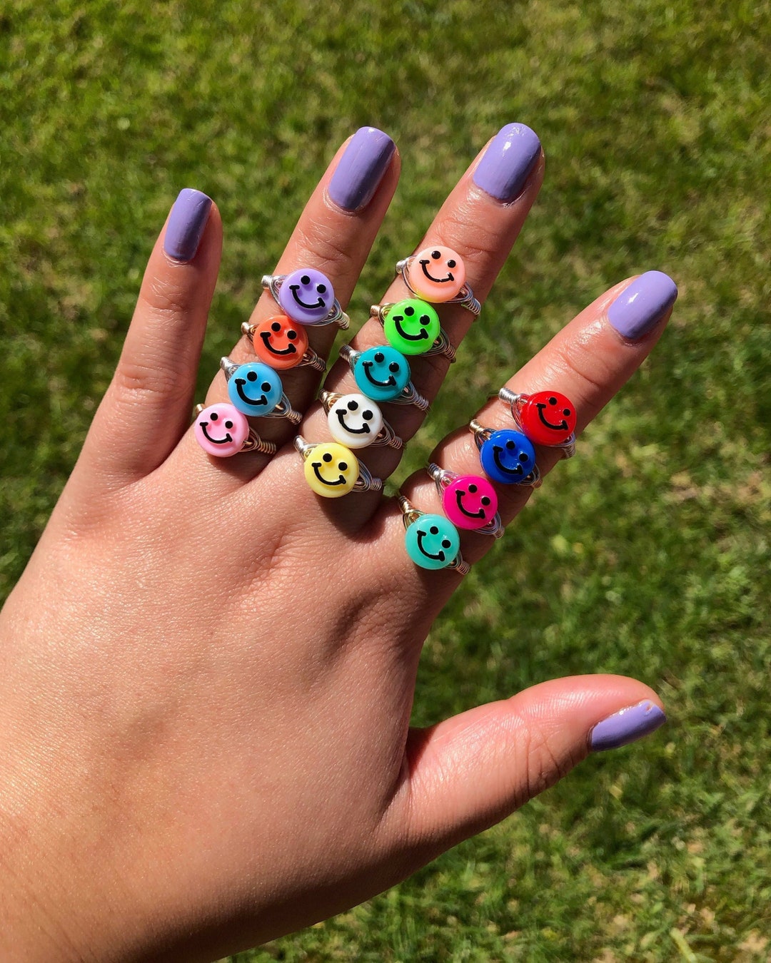 SILVER/GOLD Colorful Smiley Face Wire Wrapped Ring, Colorful Ring ...