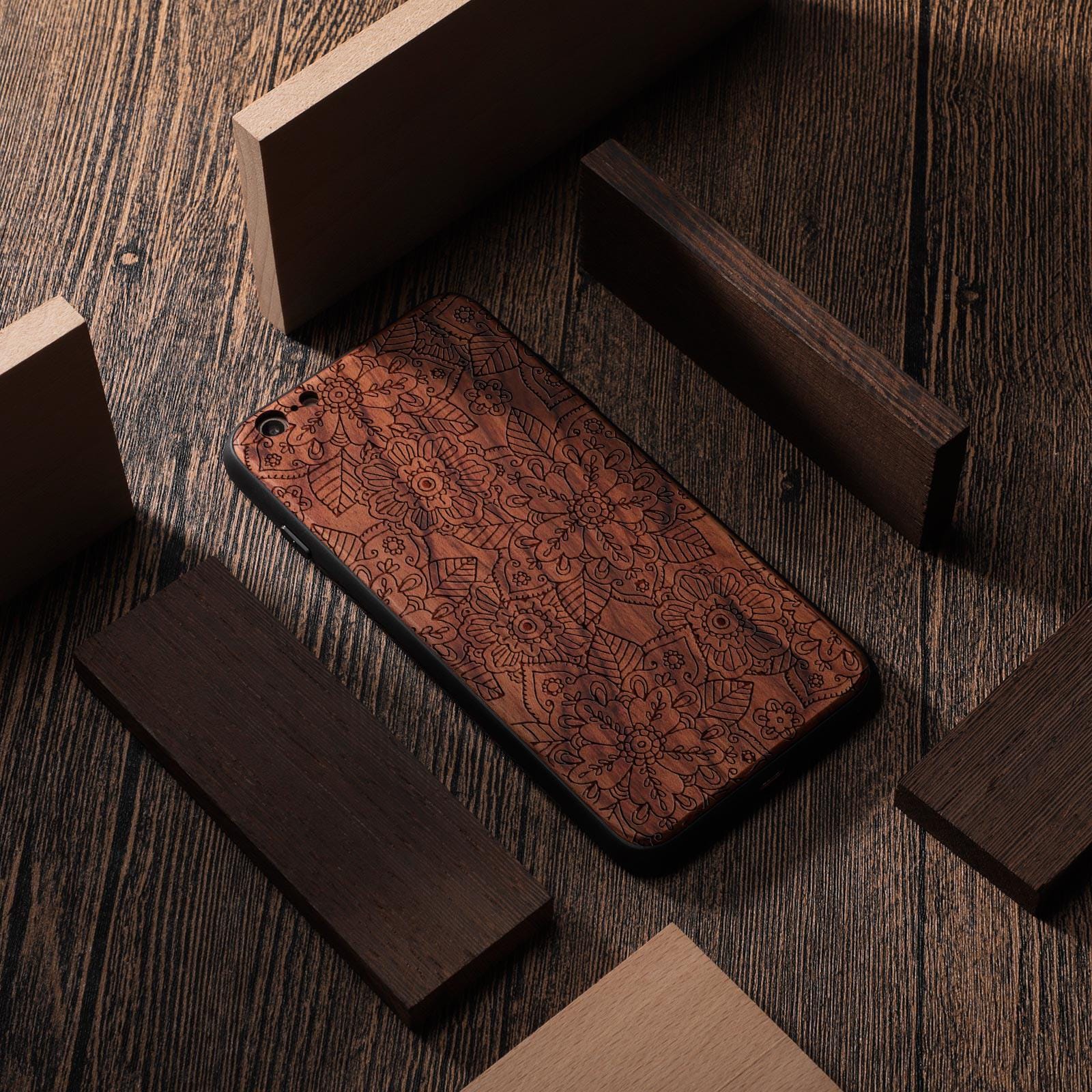 Wooden Carved Mandala Lotus Natural Rose Wood Phone Case for iPhone 16 ...