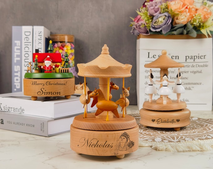 Personalised Musical Carousel Wooden - First Birthday Gift - Baptism ...