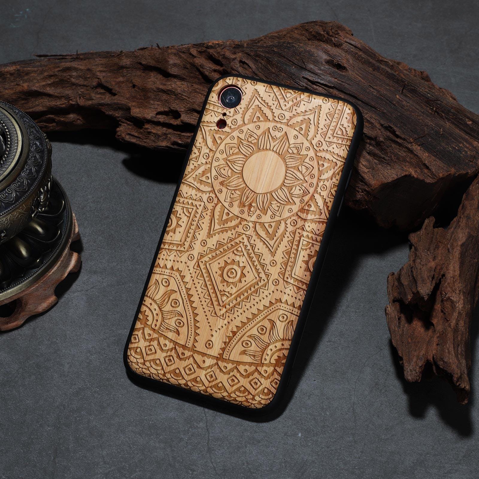Natural Bamboo Carved Mandala Lotus Wooden Phone Case for iPhone 16/15 ...