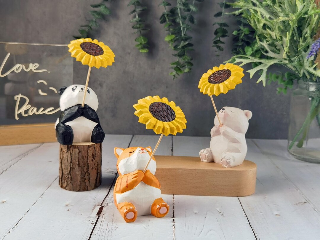 Wooden Panda Art Figurine, Hand Painted Bear Wood Carving, Hand Carved ...