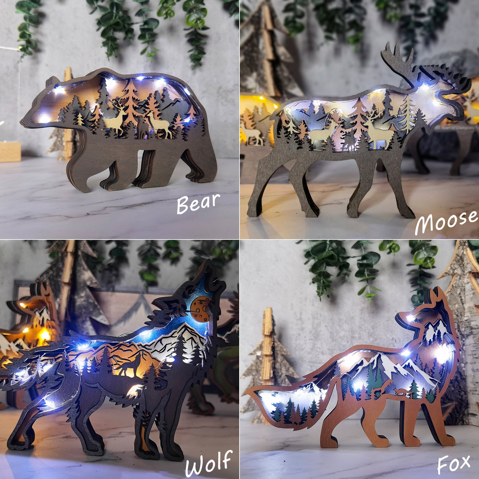 3D Wooden Animal Decoration With White Light,wooden Bear Moose Wolf ...