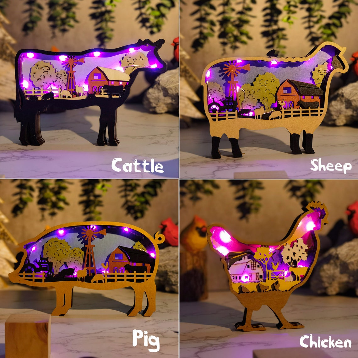 Cute Pink Light Wooden Animal Decoration,wooden Bear Moose Wolf Shark ...
