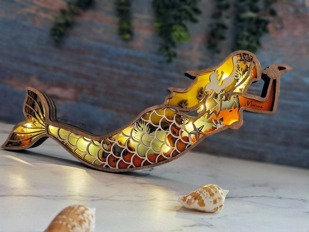 3D Wooden Mermaid Decoration With Light,wooden Mermaid Craft,mermaid ...
