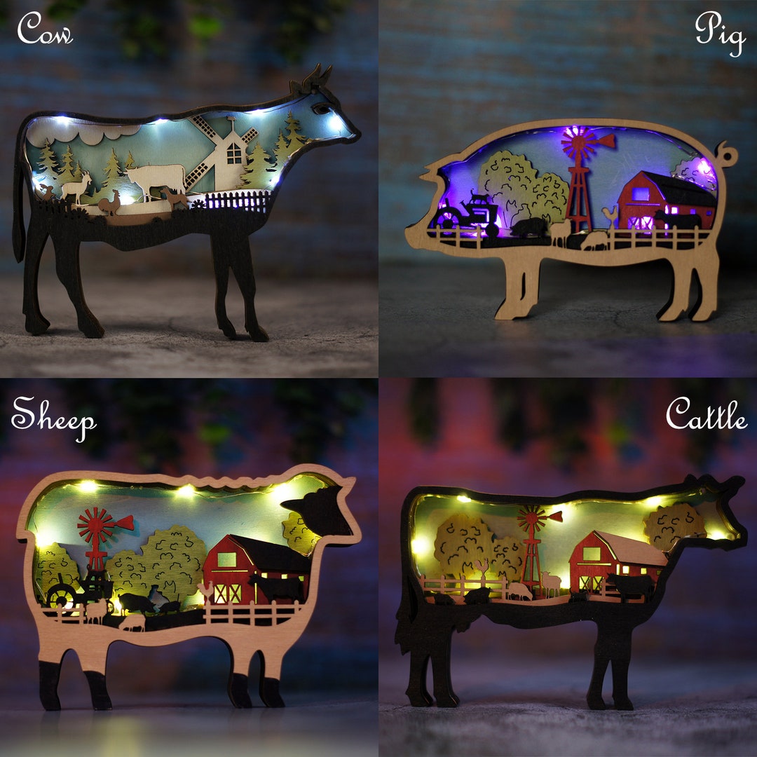 3D Wooden Cattle Sheep Pig Decoration With Lightwooden Farm - Etsy