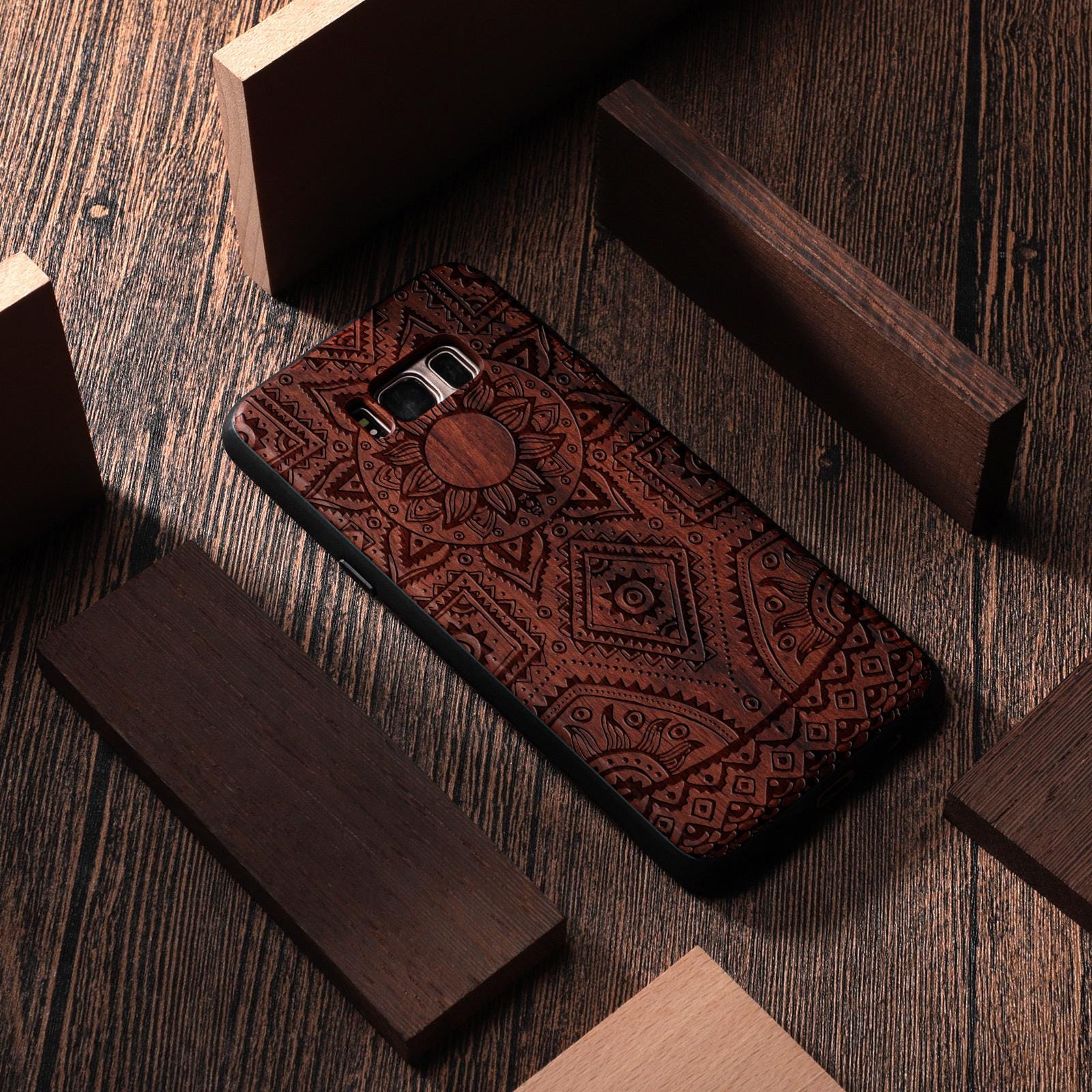 Wooden Carved Mandala Lotus Natural Rose Wood Phone Case for iPhone 16 ...