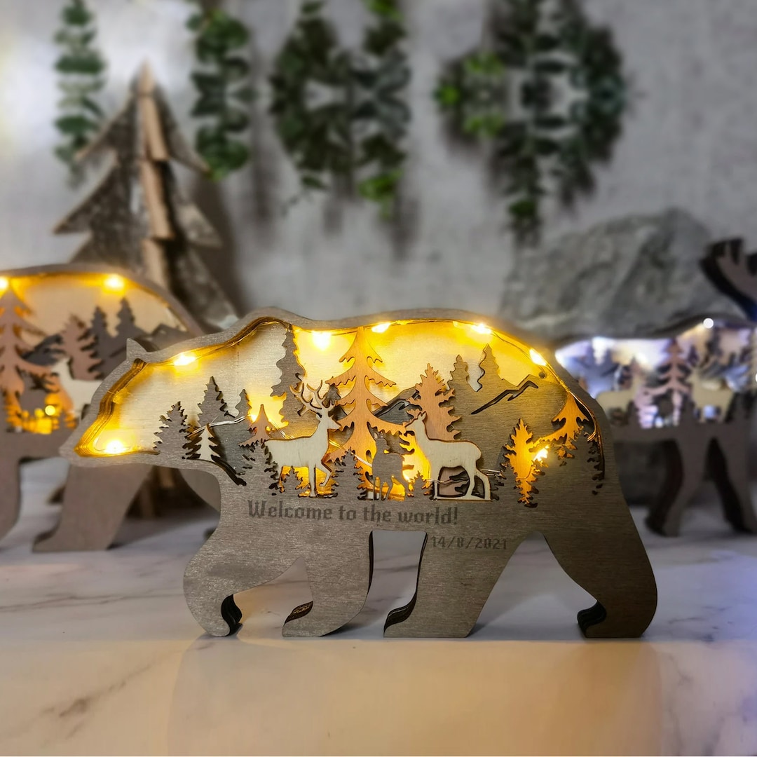 3D Wooden Animal Decoration With Light,wooden Bear Moose Wolf Horse ...