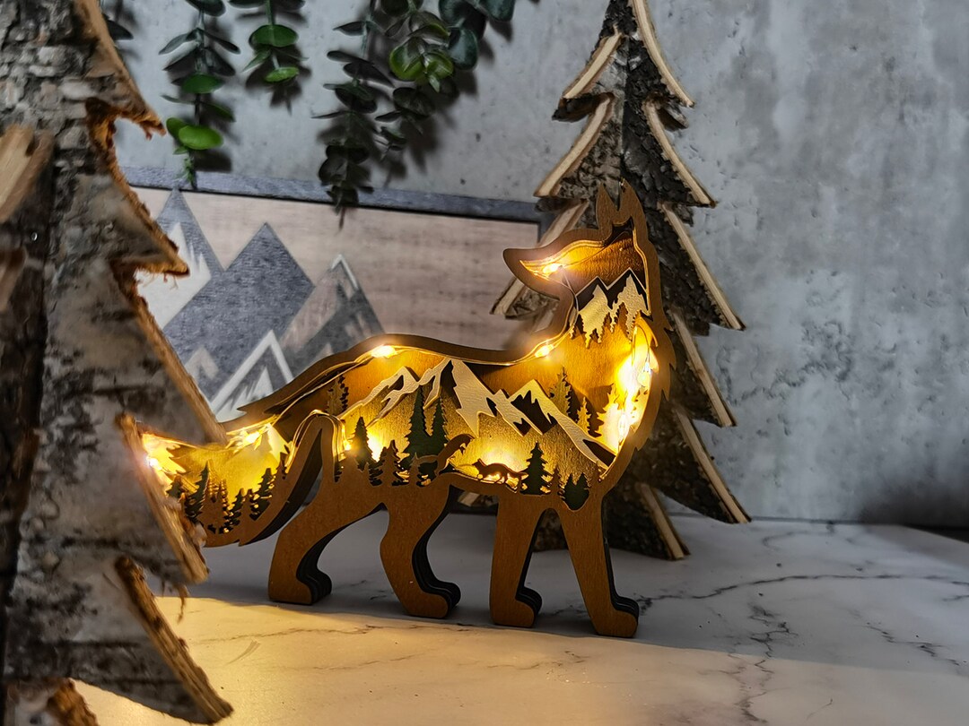 3D Wooden Fox Decoration With Light,wooden Wolf Horse Decor Craft ...