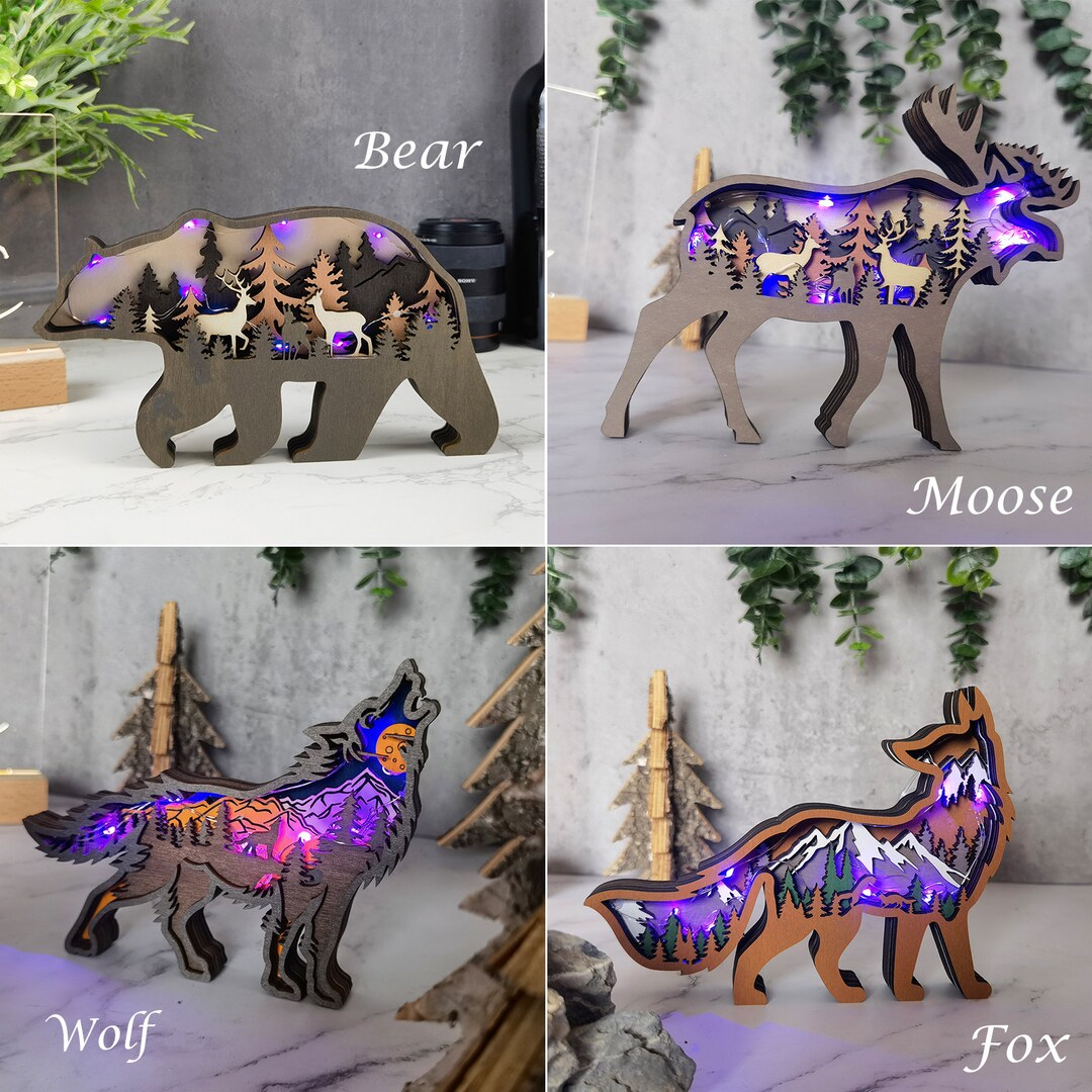 3D Wooden Animals Decoration With Purple Light Installed,wooden Bear ...