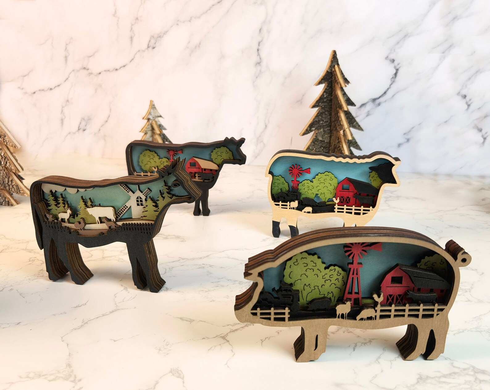3D Wooden Cattle Sheep Pig Decoration With Lightwooden Farm - Etsy