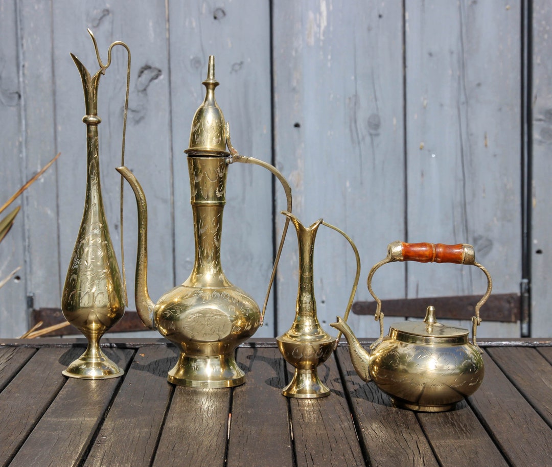 Set of Vintage Indian Small Brass Ibrik Pitcher Jug and Teapot / Middle ...
