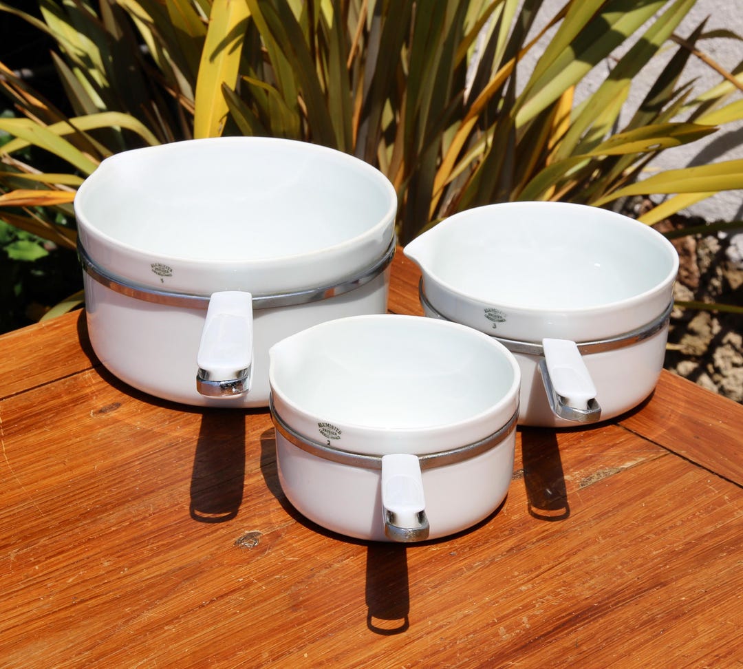 Set of 3 Antique FRUGIER ALUMINITE Limoges Porcelain Saucepans / Unused ...