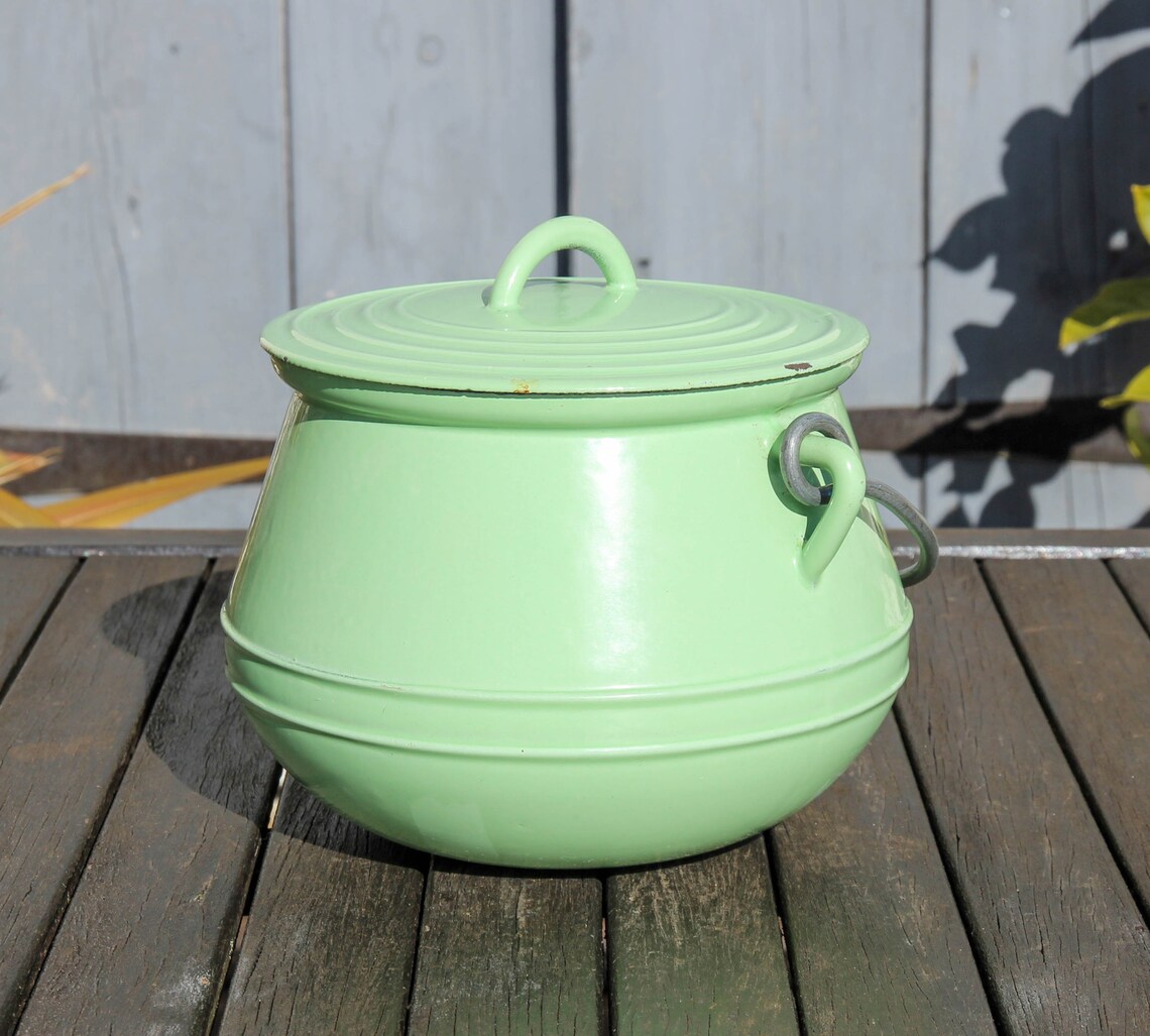 Vintage French Heavy Cast Iron Green Enamelled Cauldron / | Etsy