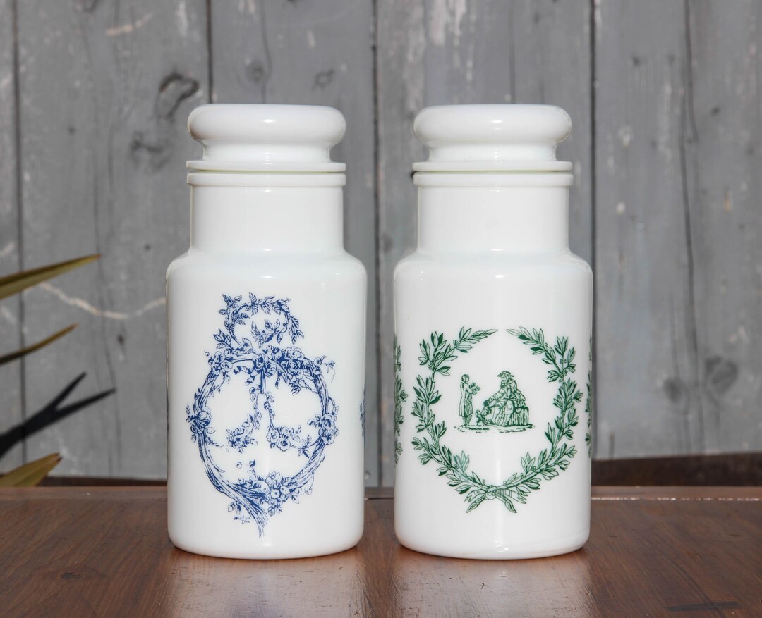 Pair of Large Vintage Italian Opal Glass Apothecary Jars / Two Opaline ...