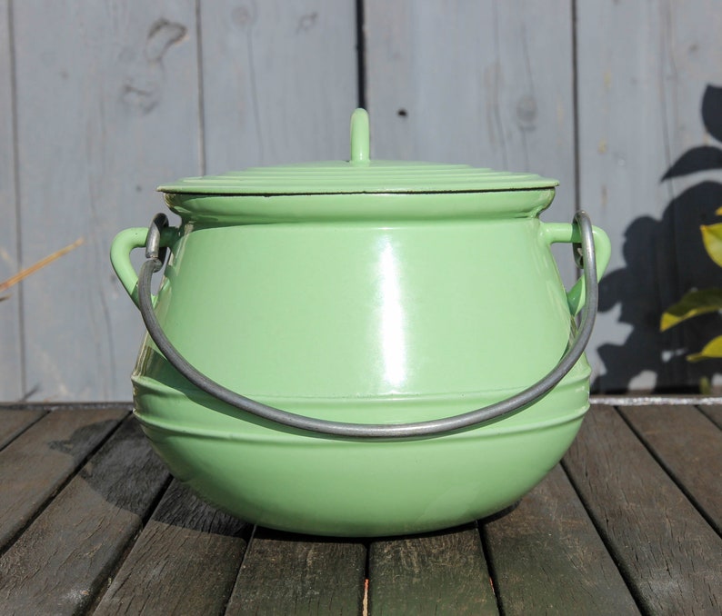 Vintage French Heavy Cast Iron Green Enamelled Cauldron / | Etsy