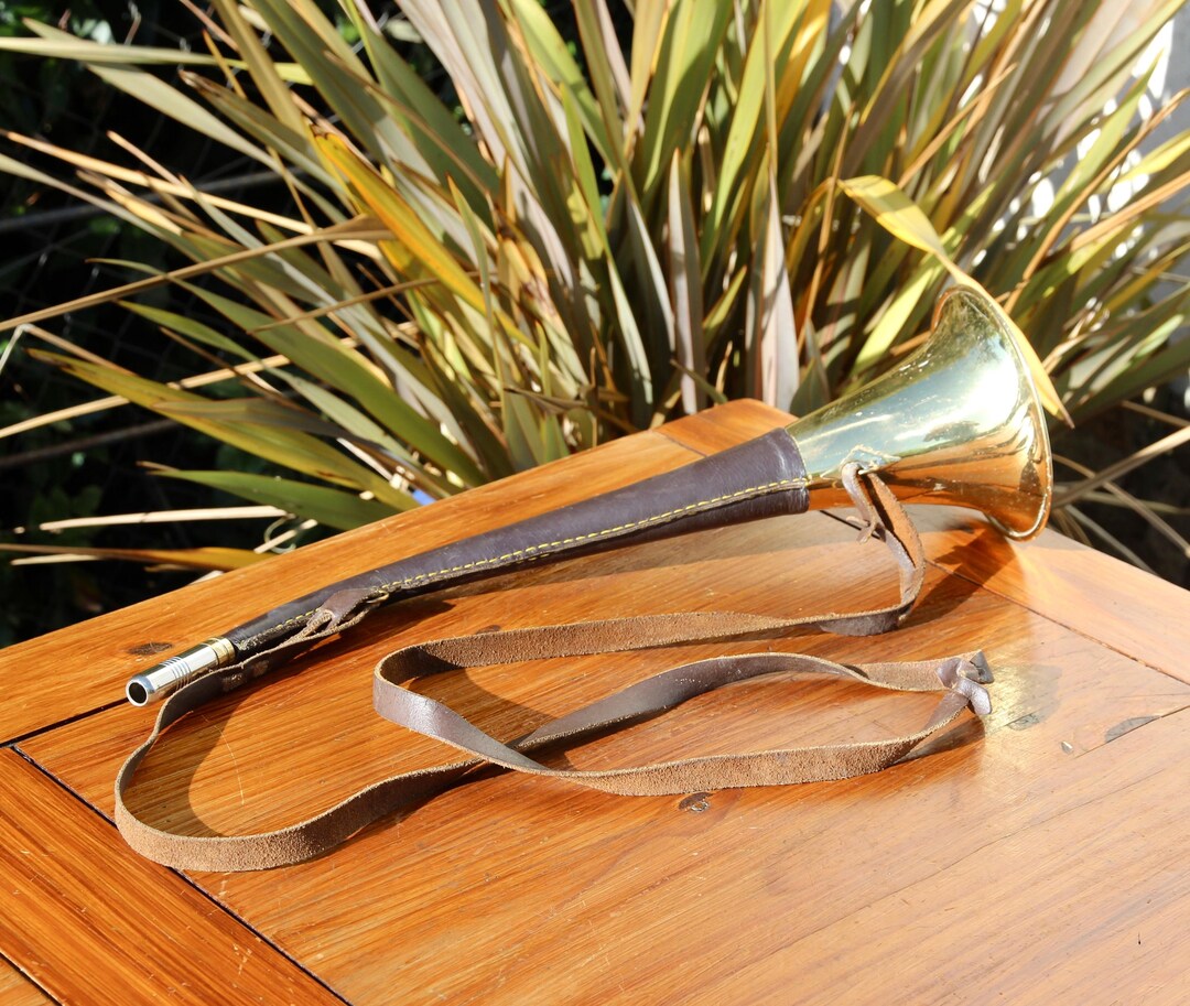 Vintage French Brass and Leather Hunting Horn / Traditional Mid Century ...
