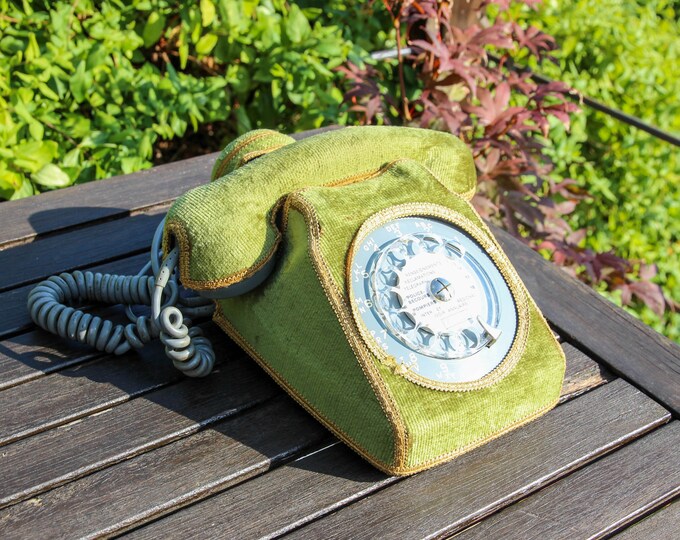 Vintage French SOCOTEL S63 Green Velvet Covered Telephone / 1980 Rotary ...