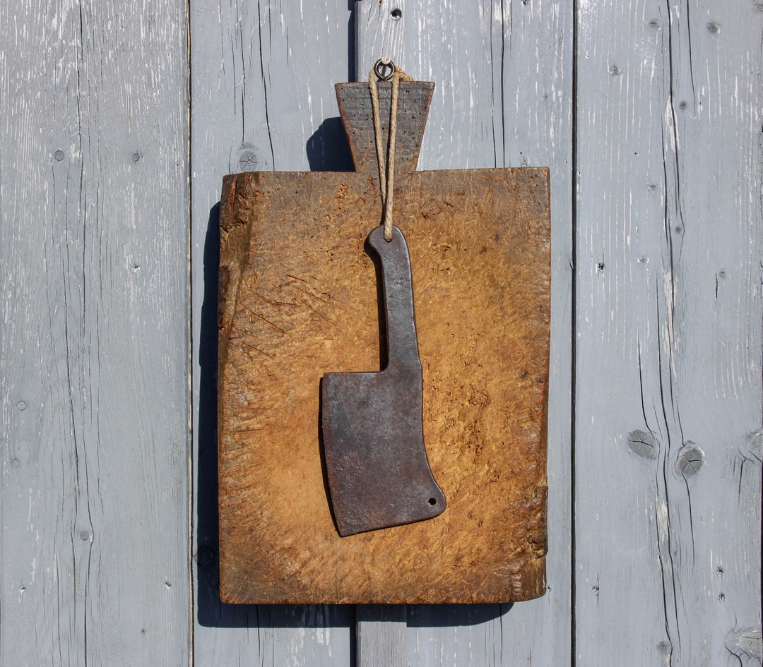 Antique French Large Wooden Chopping Block and Cleaver / Heavy 5.3kg ...