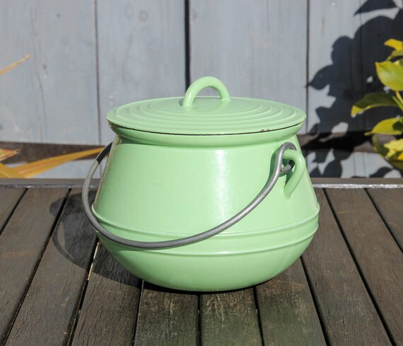 Vintage French Heavy Cast Iron Green Enamelled Cauldron / | Etsy