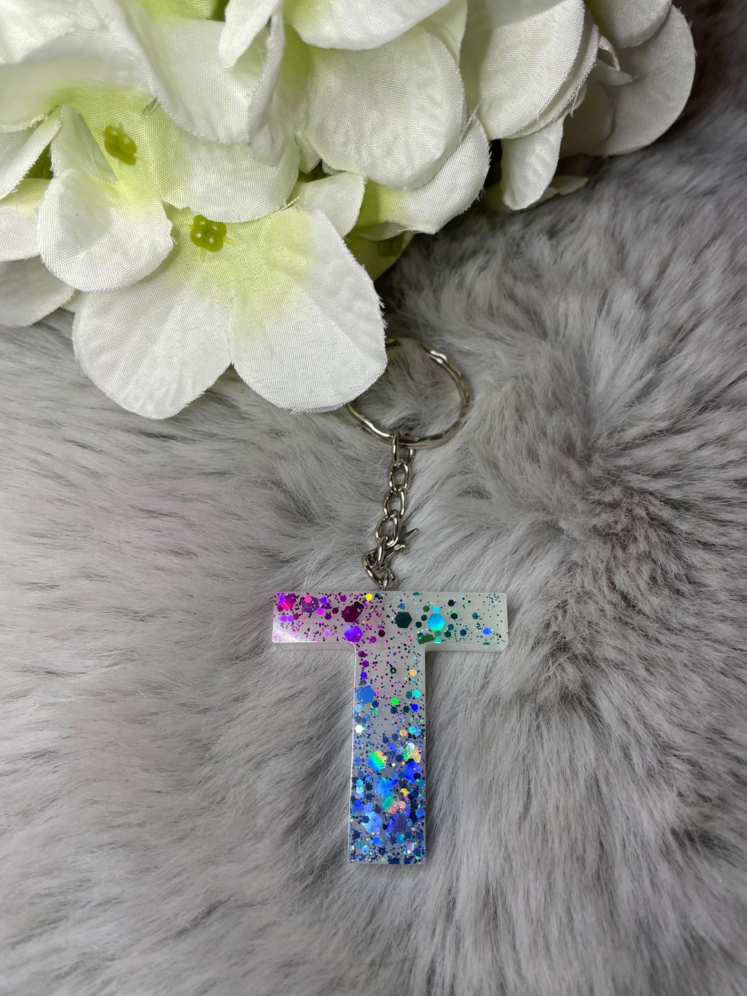 Keychain Letter T Resin With Glitter - Etsy
