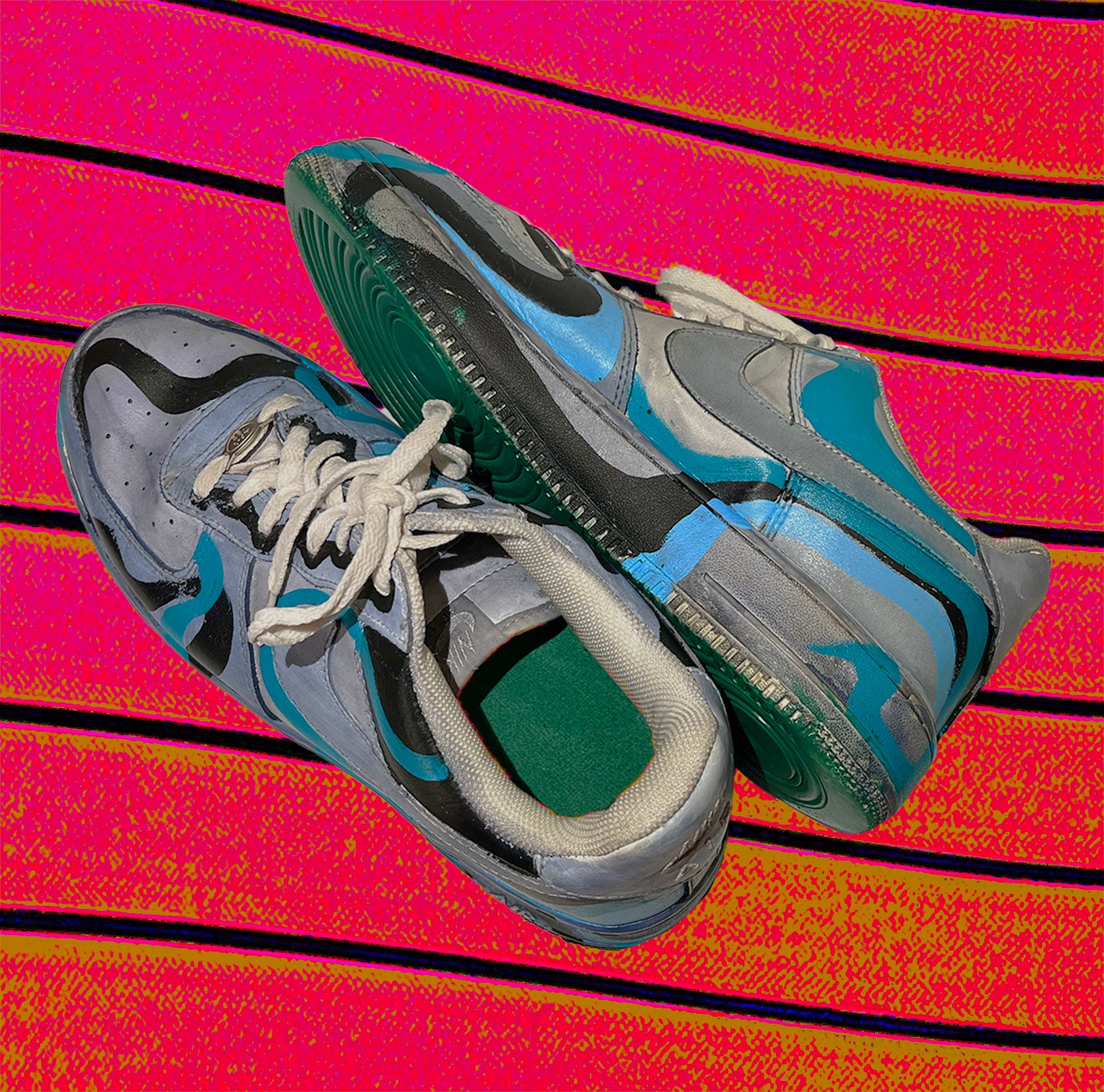 Custom Painted Blue Black and Teal Sneakers With Green Soles and ...