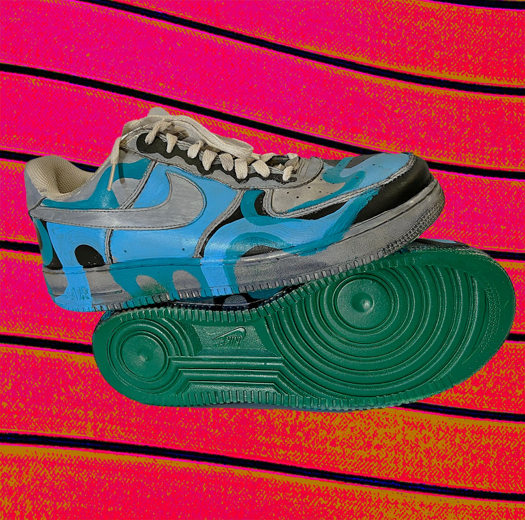 Custom Painted Blue Black and Teal Sneakers With Green Soles and ...