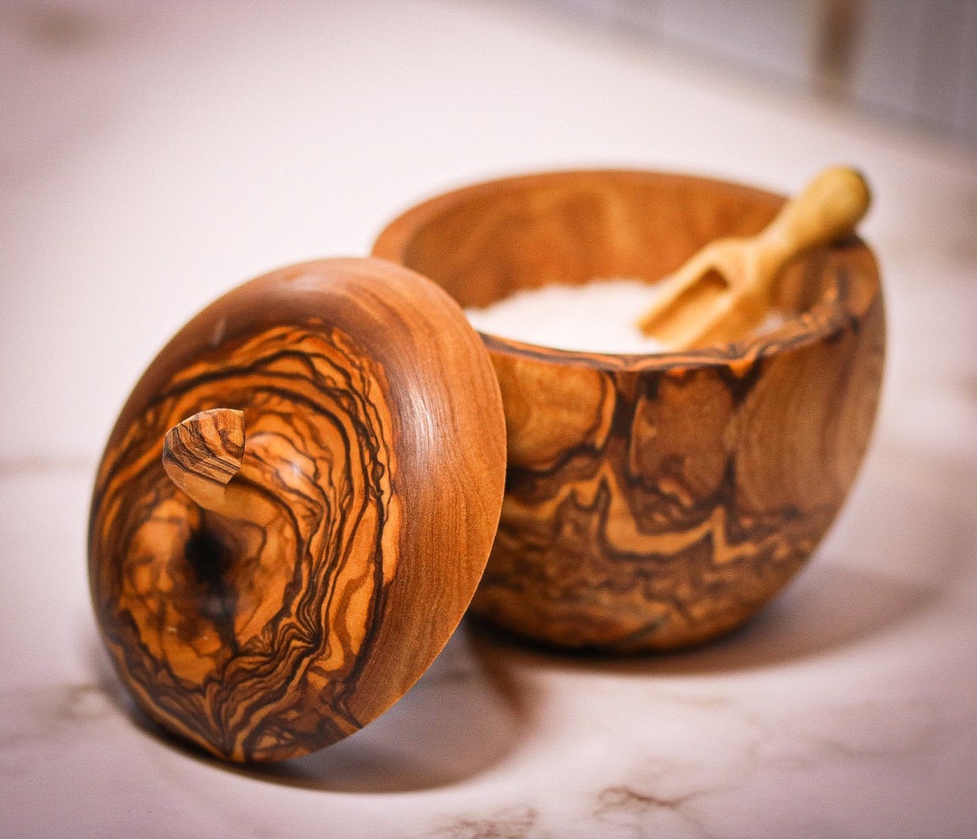 Olive Wood Jar - Handmade Salt Cellar With Lid and Scoop - Spice Jar ...