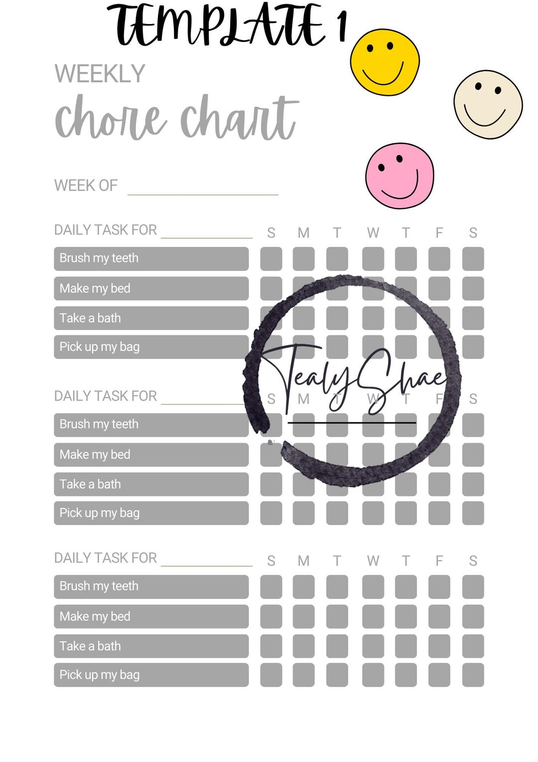 Customizable Chores Chart | Smiley Face Chores Chart | Personalized ...
