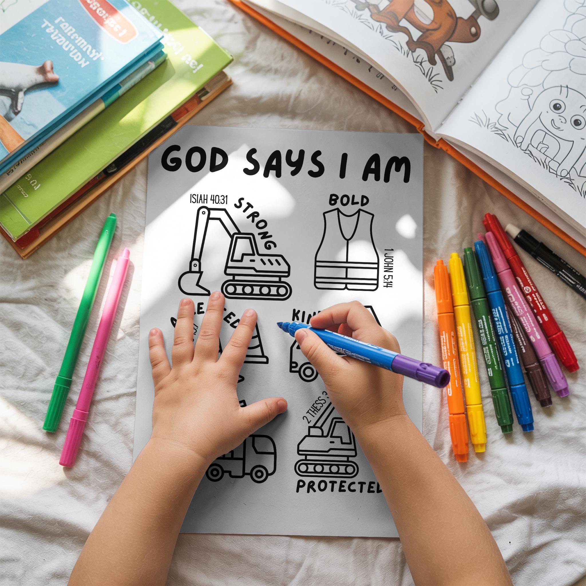 Faith Based Coloring Page for Kids, God Says I Am Construction - Etsy