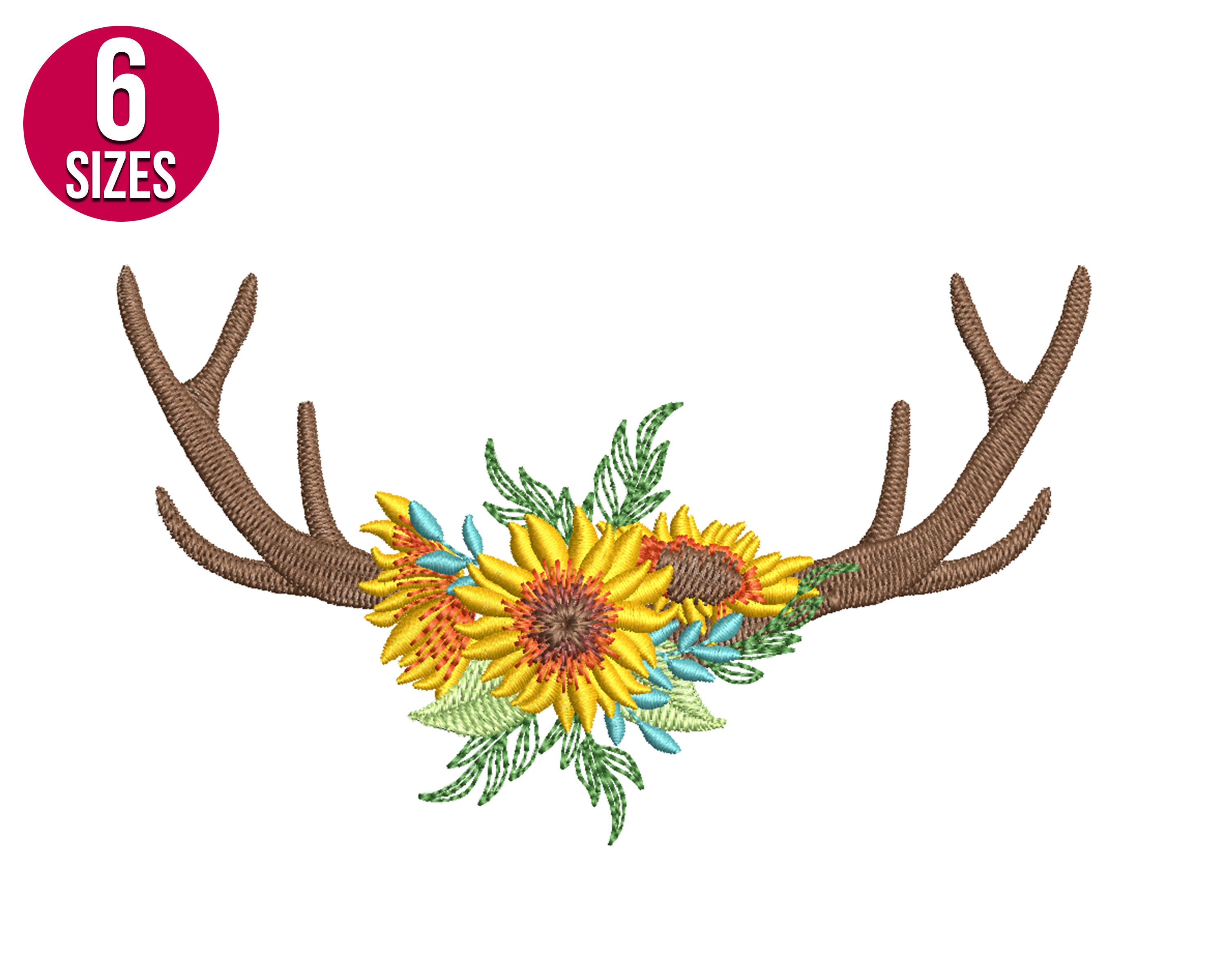 Deer Antlers Embroidery Design Sunflower Floral Country - Etsy