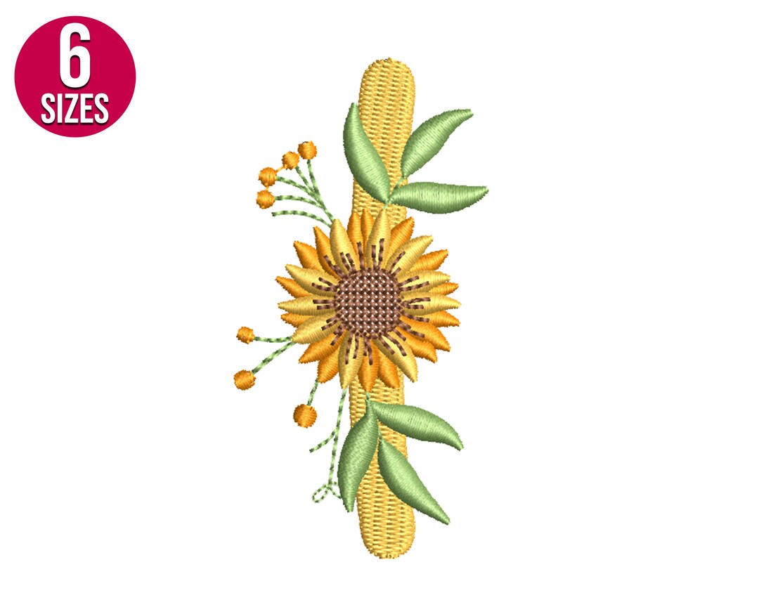 Floral Font Sunflower Alphabet I Letter Embroidery Design, Machine ...