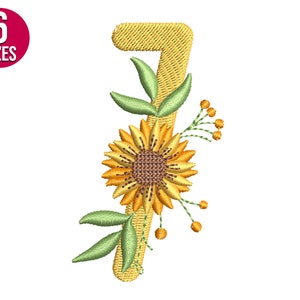 Floral Font Sunflower Alphabet Number Seven Embroidery Design, Machine ...