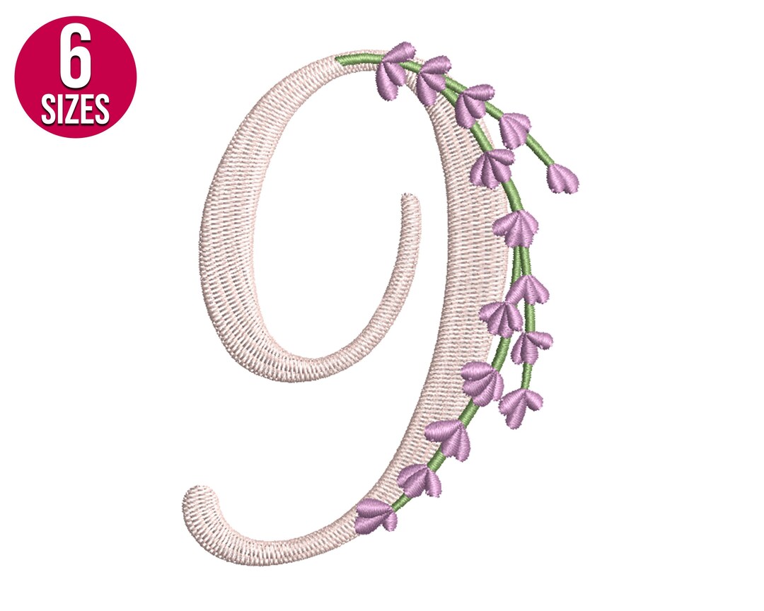 Lavender Flower Font Alphabet Number Nine 9 Embroidery Design, Machine ...