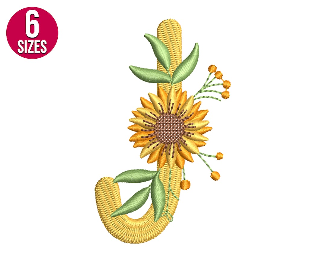 Floral Font Sunflower Alphabet J Letter Embroidery Design, Machine ...