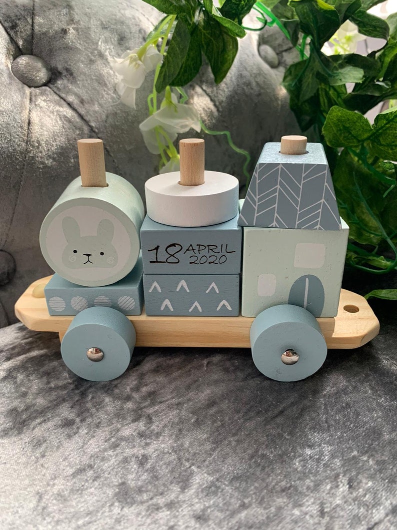 Wooden Personalised Train Set Kids Engraved Custom Blue Pull | Etsy