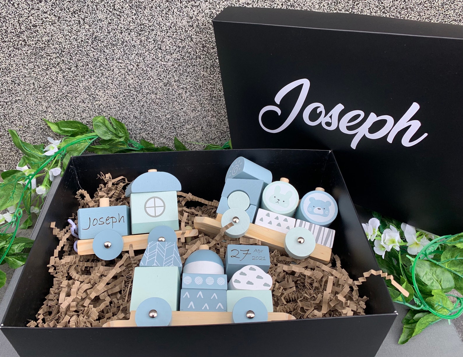 Wooden Personalised Train Set Kids Engraved Custom Blue Pull | Etsy