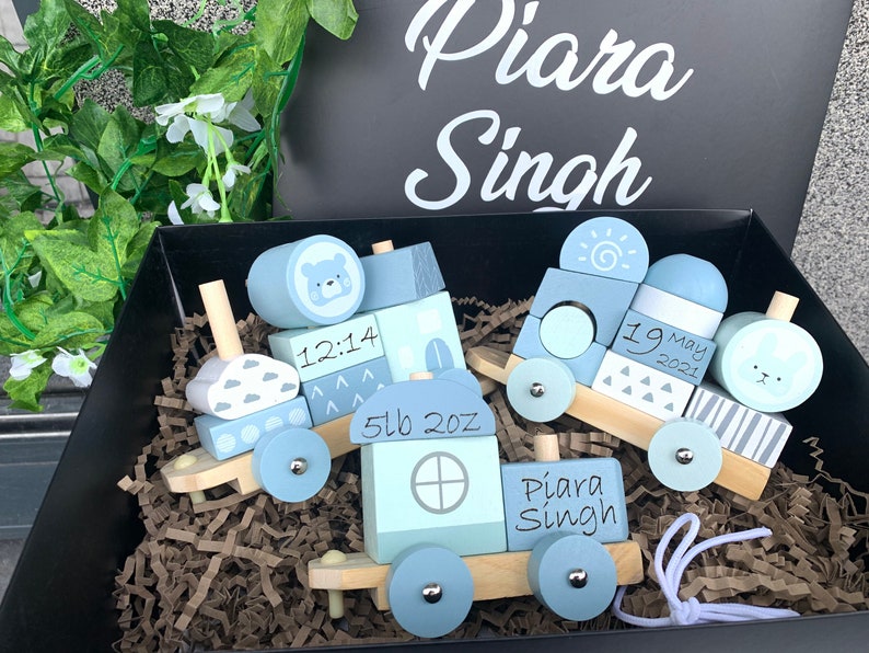 Wooden Personalised Train Set Kids Engraved Custom Blue Pull | Etsy