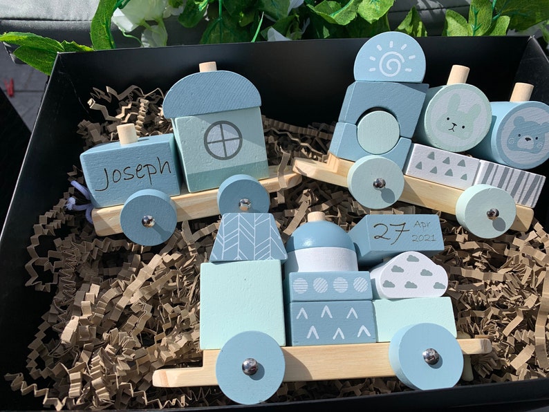 Wooden Personalised Train Set Kids Engraved Custom Blue Pull | Etsy