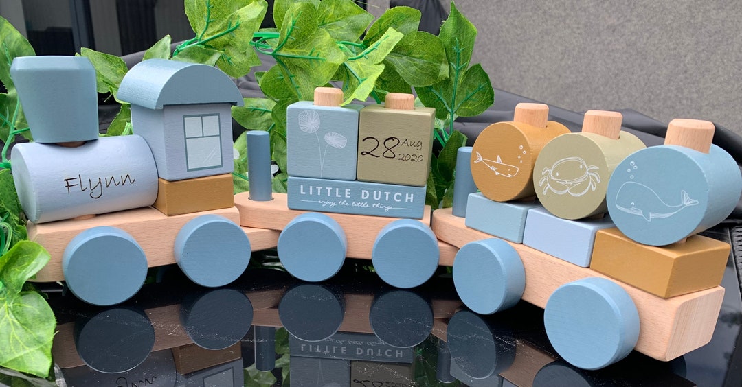 Wooden Personalised Train Set Kids Engraved Custom Blue Pull ...