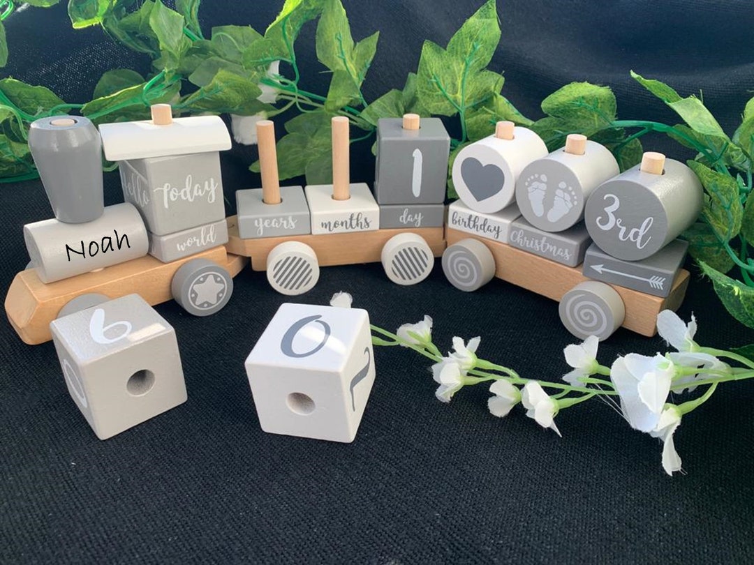 Wooden Personalised Train Set Kids Engraved Custom Grey Milestone Birth ...