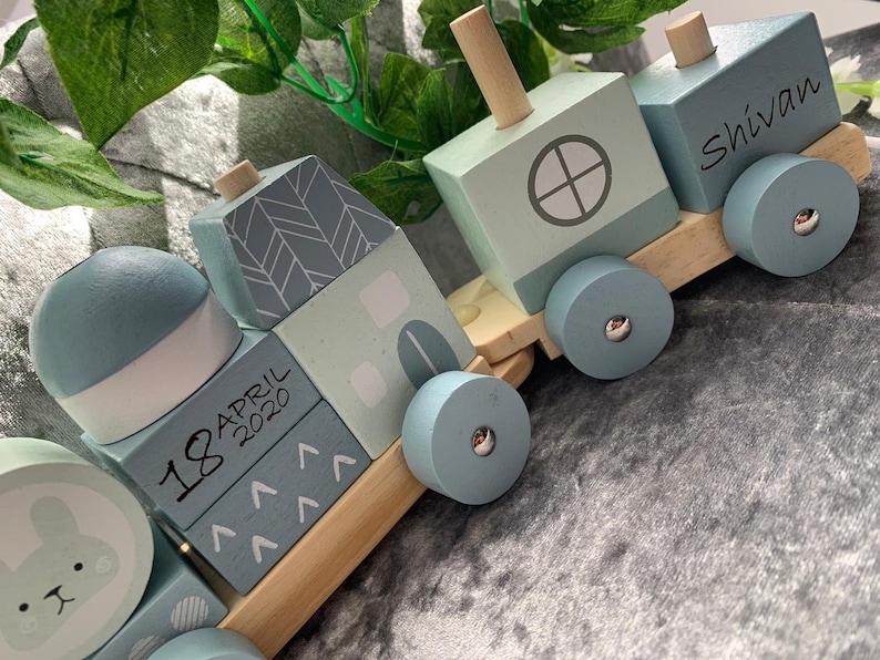Wooden Personalised Train Set Kids Engraved Custom Blue Pull | Etsy