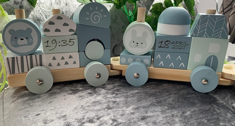 Wooden Personalised Train Set Kids Engraved Custom Blue Pull | Etsy
