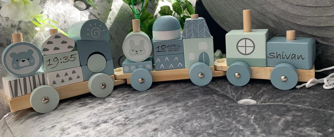 Wooden Personalised Train Set Kids Engraved Custom Blue Pull | Etsy