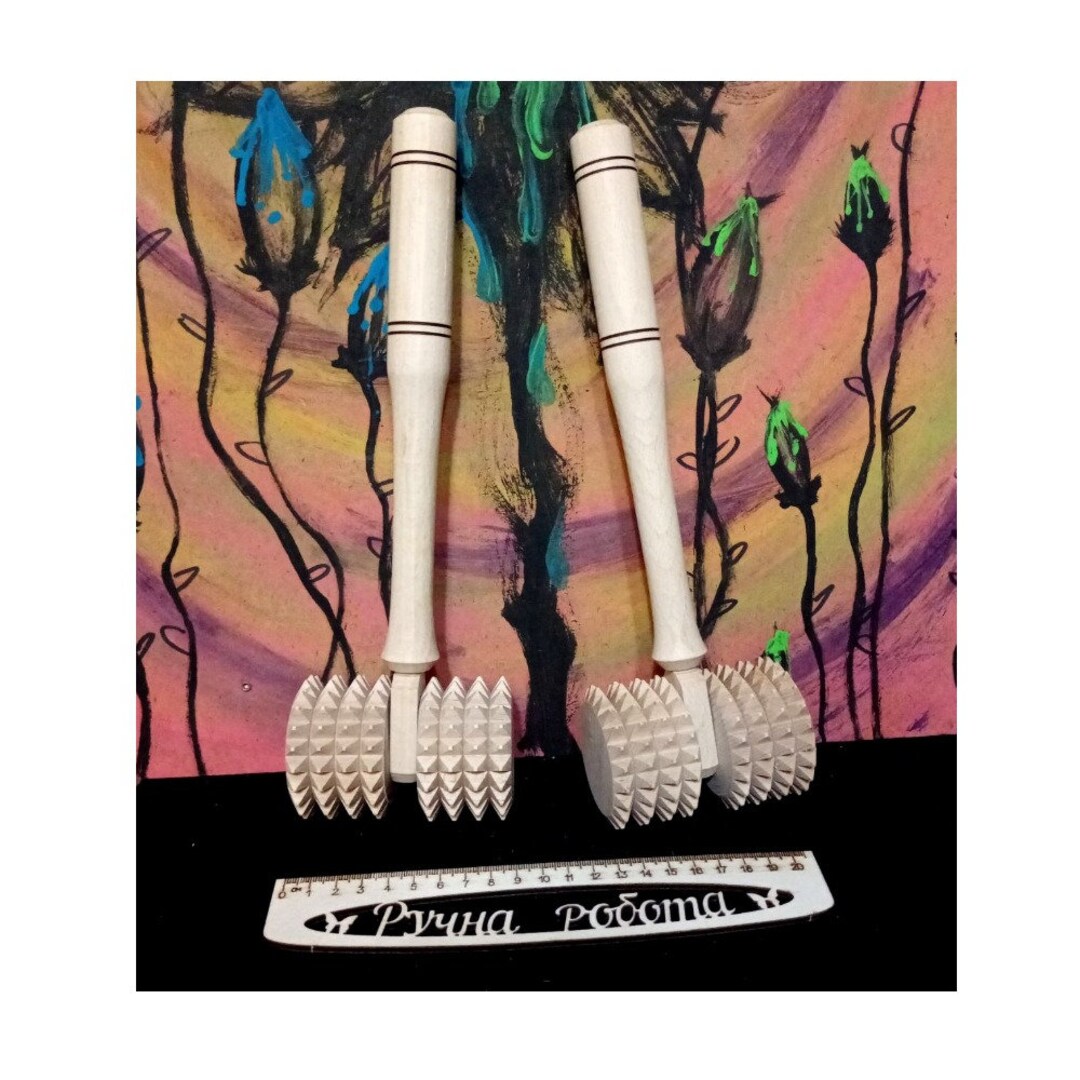 Hand Held Roller Massager Made Of Natural Wood 2 Rollers With Handle Eco Friendly Accessory