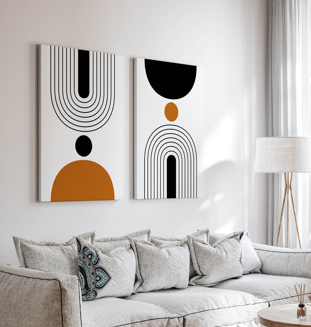 Mid Century Modern Canvas Art Set in Terracotta Orange & Black, Set of ...
