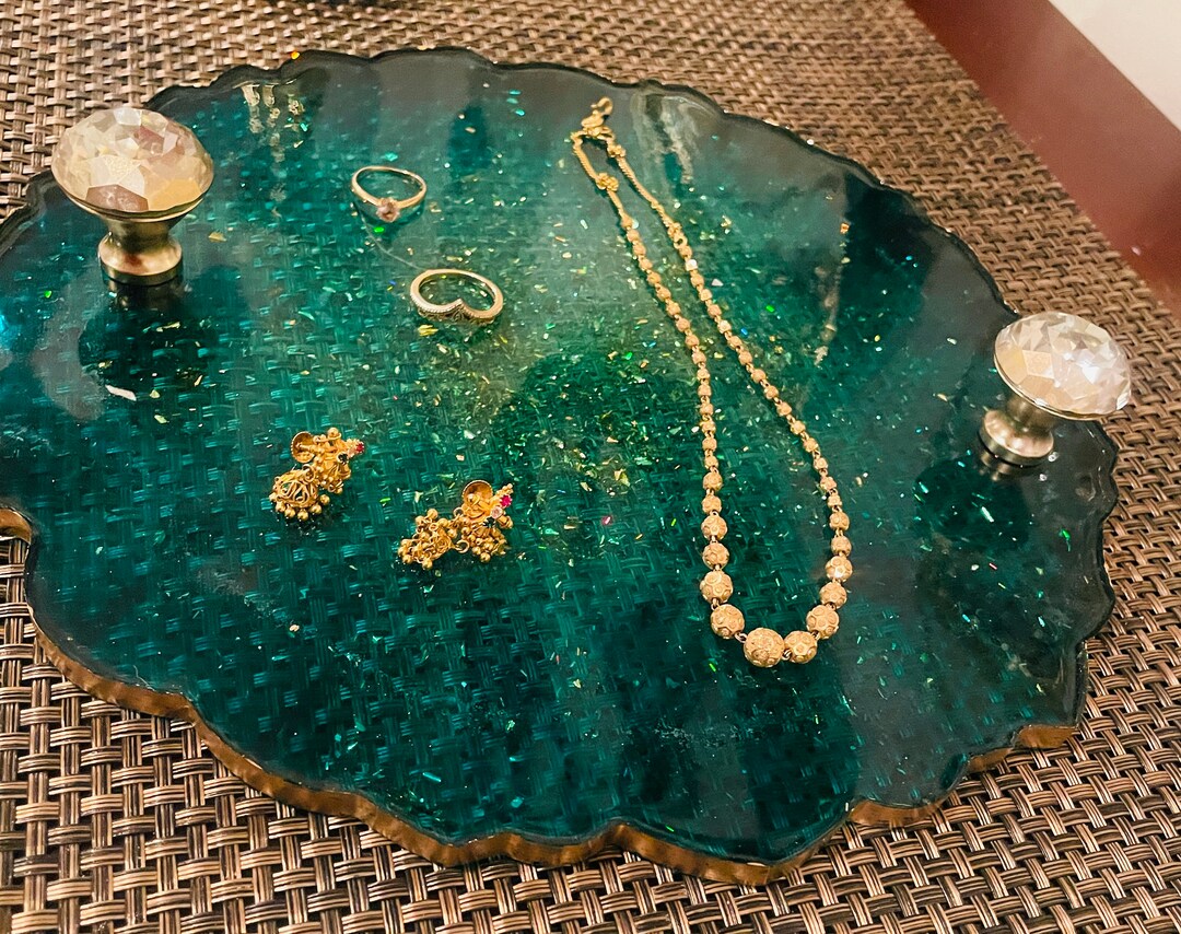 Emerald Green Decorative Geode Agate Tray Resin Gold Leaf Round Tray ...