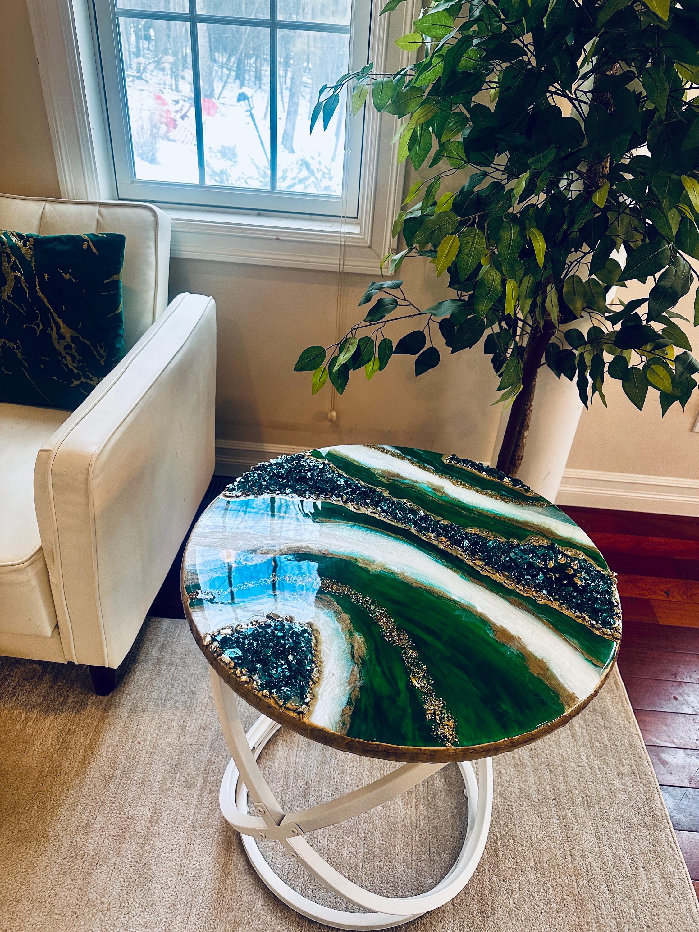 Handmade Emerald Green Resin Agate Table - Gold Legs, Modern Accent - Etsy