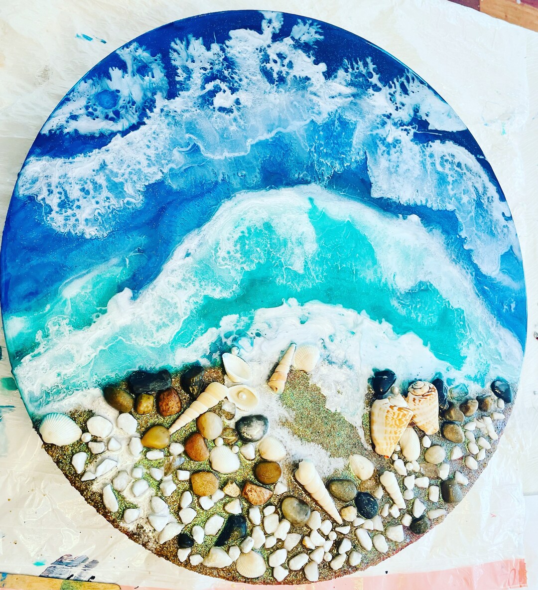 18" Resin Art, Sea, Ocean & Beach Coastal Home Decor, Round Wood Wall ...
