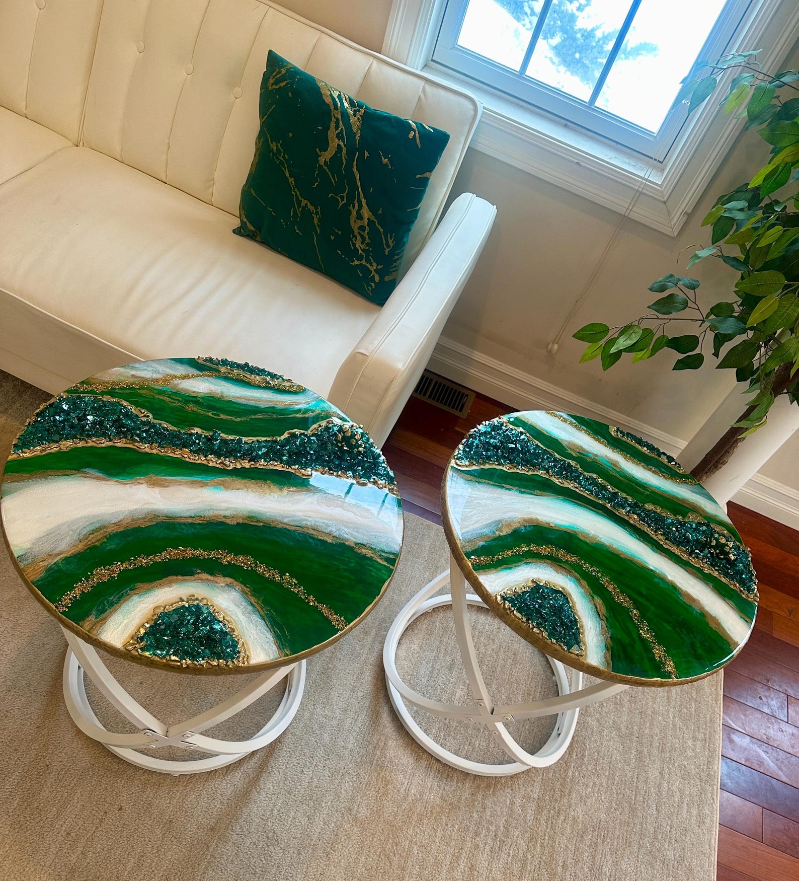 Handmade Emerald Green Resin Agate Table - Gold Legs, Modern Accent - Etsy